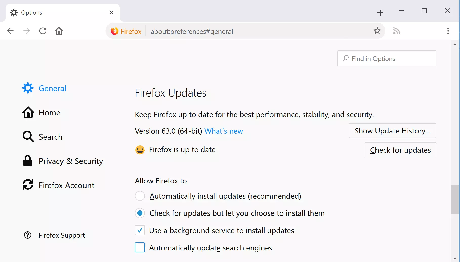 Firefox uppdateringskontroll 63