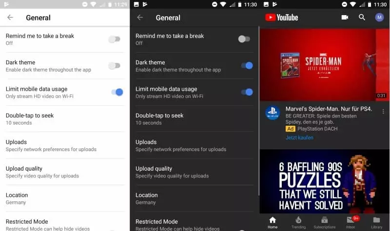 Ebligu la malhelan temon en la Androida YouTube-aplikaĵo