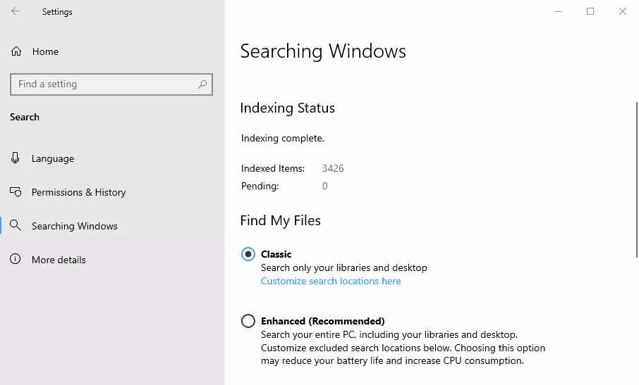 modaliteti i përmirësuar i kërkimit të Windows