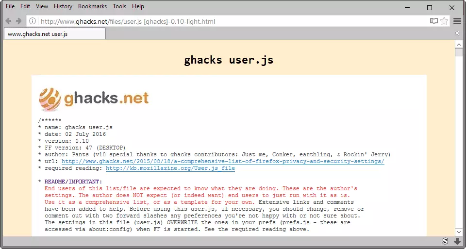 ghacks user.js 0.10 verzió