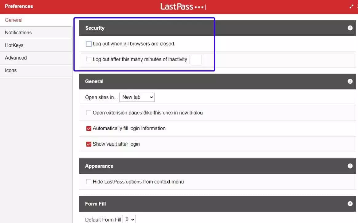 LastPass Password Manager - aktifkan logout otomatis