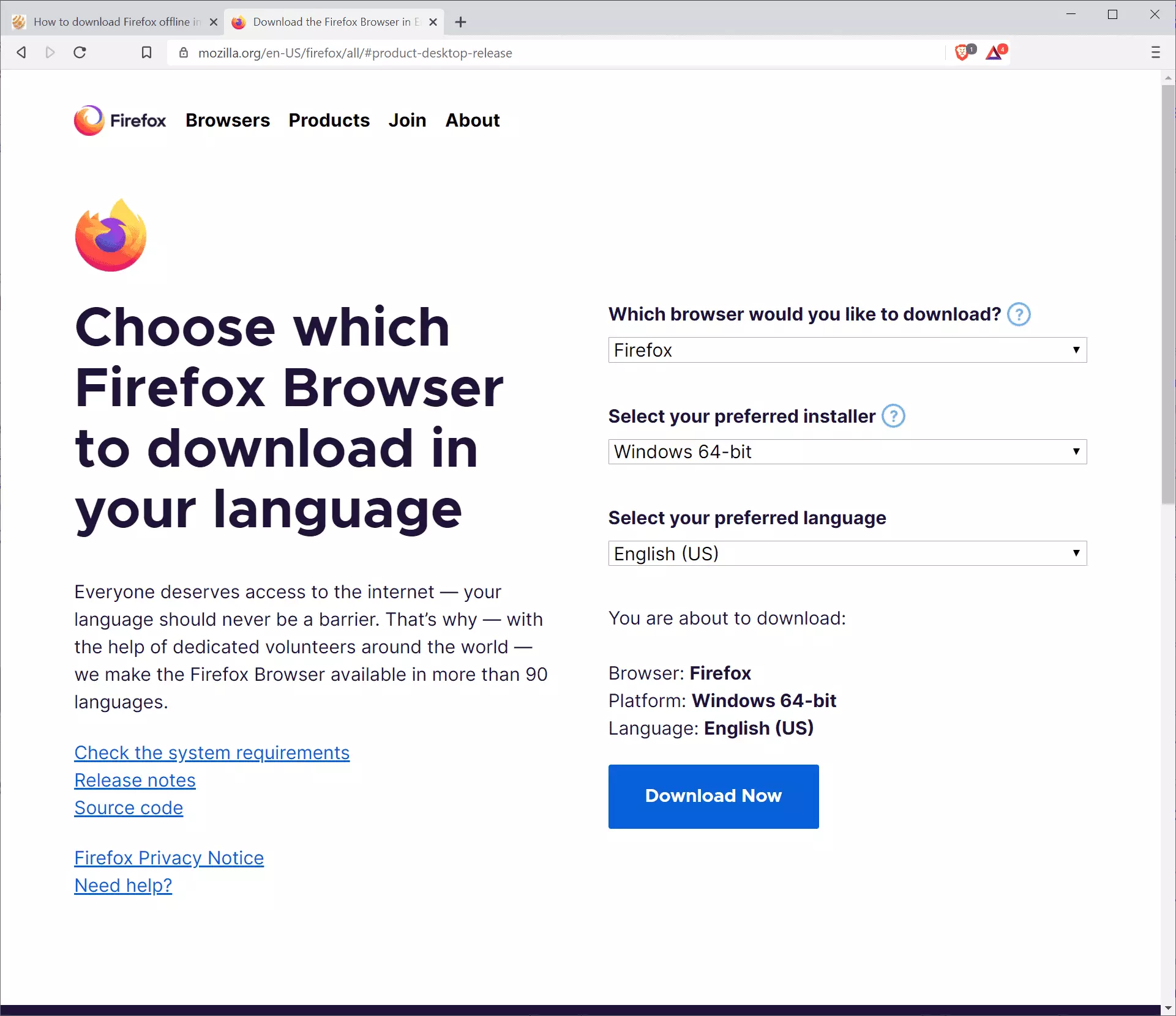 Firefox насбкунандаи офлайн зеркашӣ кунед