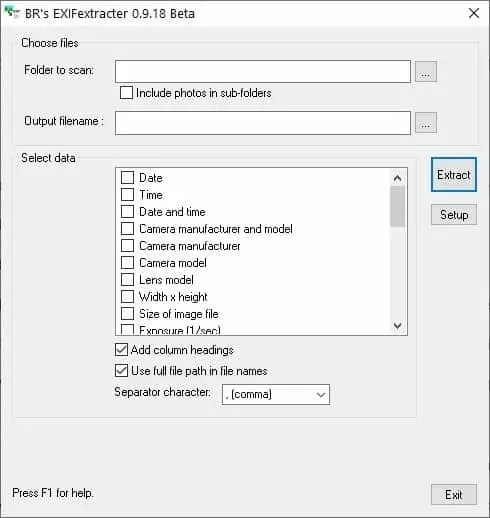 Išsaugokite visus metaduomenis iš nuotraukų į CSV dokumentą naudodami EXIFextracter