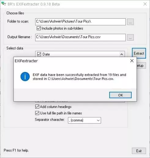 Na-extract ang metadata ng EXIFextracter