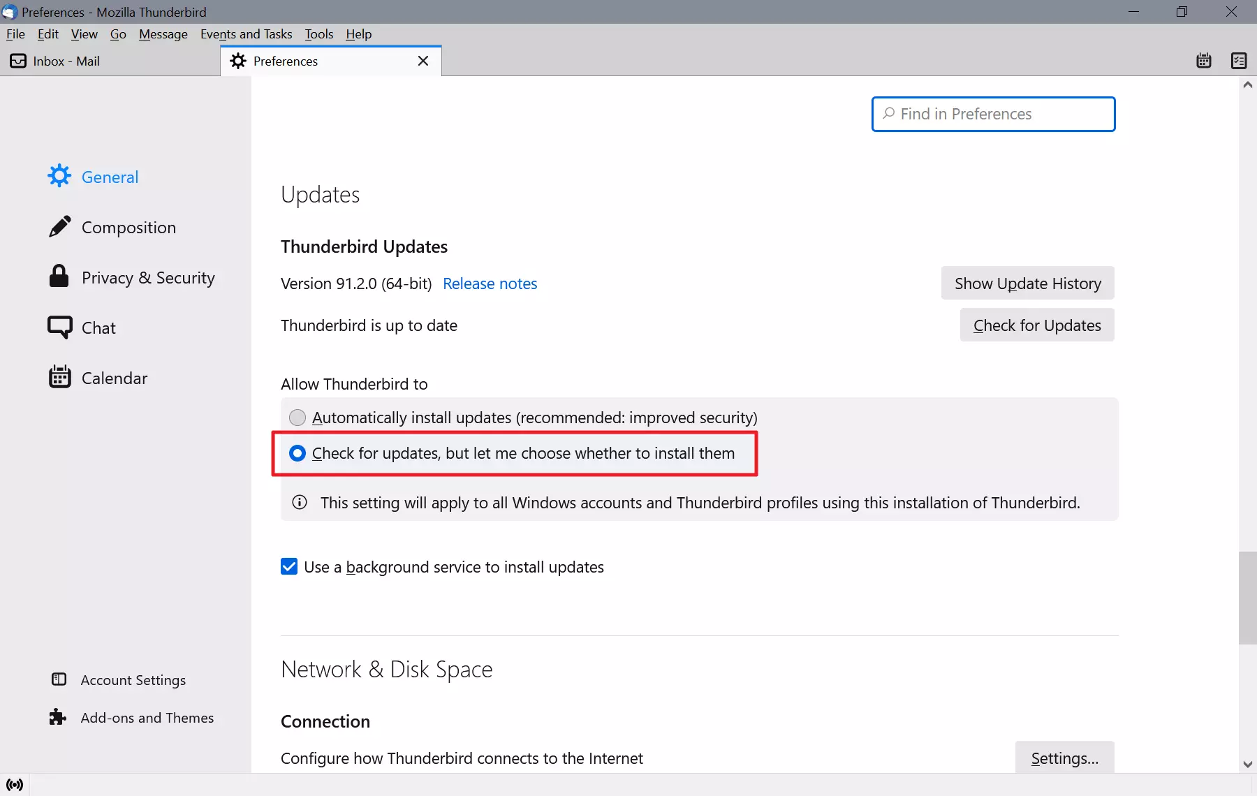 thunderbird iddiżattiva aġġornamenti awtomatiċi