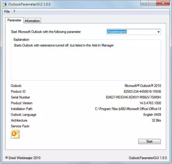 Outlook Parameter Gui, Starta Outlook med parametrar
