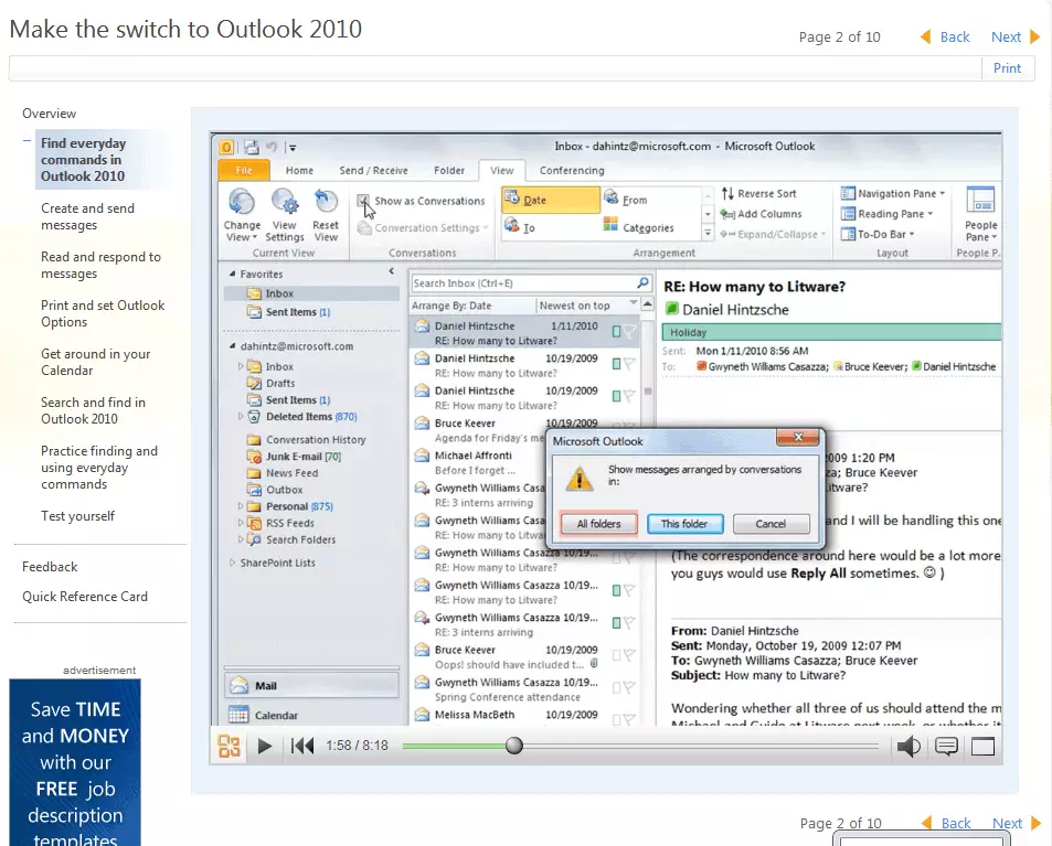 സൗജന്യ Microsoft Outlook 2010 പരിശീലന കോഴ്സുകൾ