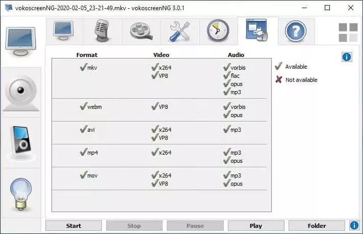 IVokoscreenNG ixhasa iifomati zevidiyo kunye neaudio