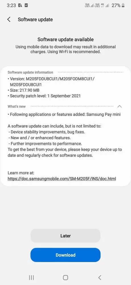 Samsung Galaxy M20, september sikkerhetsoppdatering