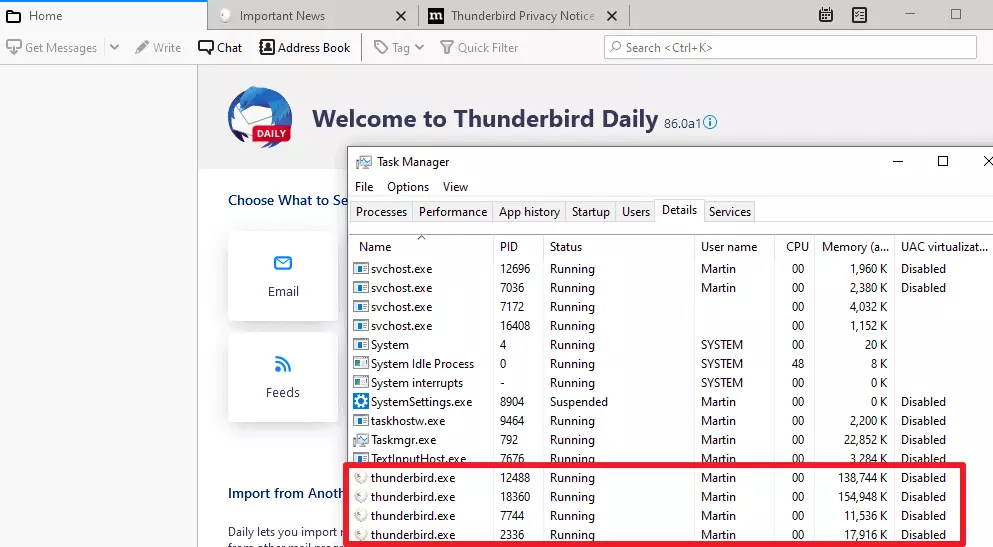 Thunderbird bakal ngagunakeun sababaraha prosés di hareup