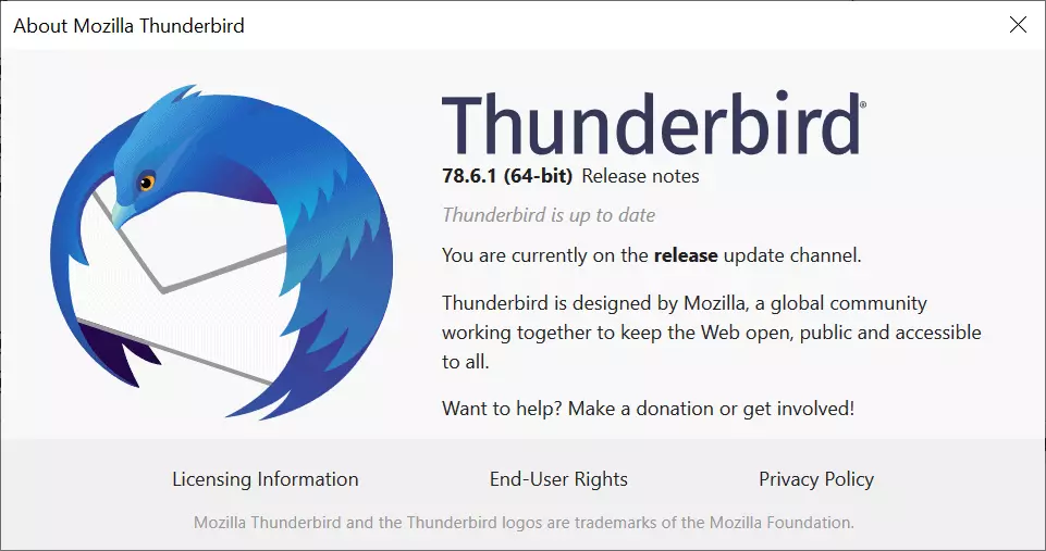 Thunderbird 78.6.1 ndeye chengetedzo uye bug kugadzirisa update