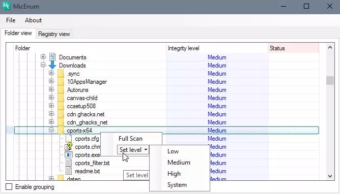 Windows cambia os obxectos do nivel de integridade