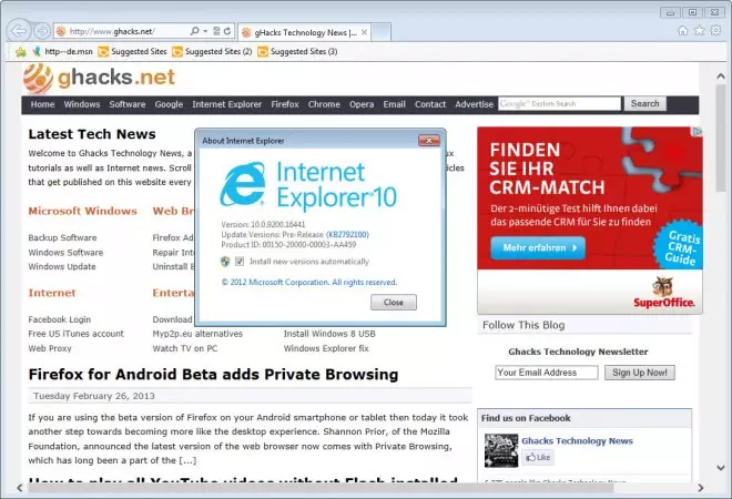captură de ecran din Internet Explorer 10