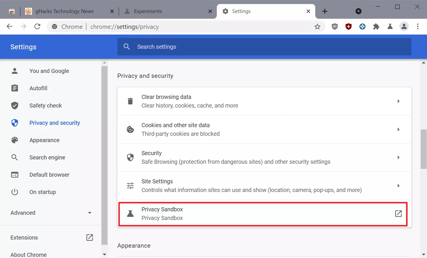 chrome-privacy sandbox ಸೆಟ್ಟಿಂಗ್ಗಳು