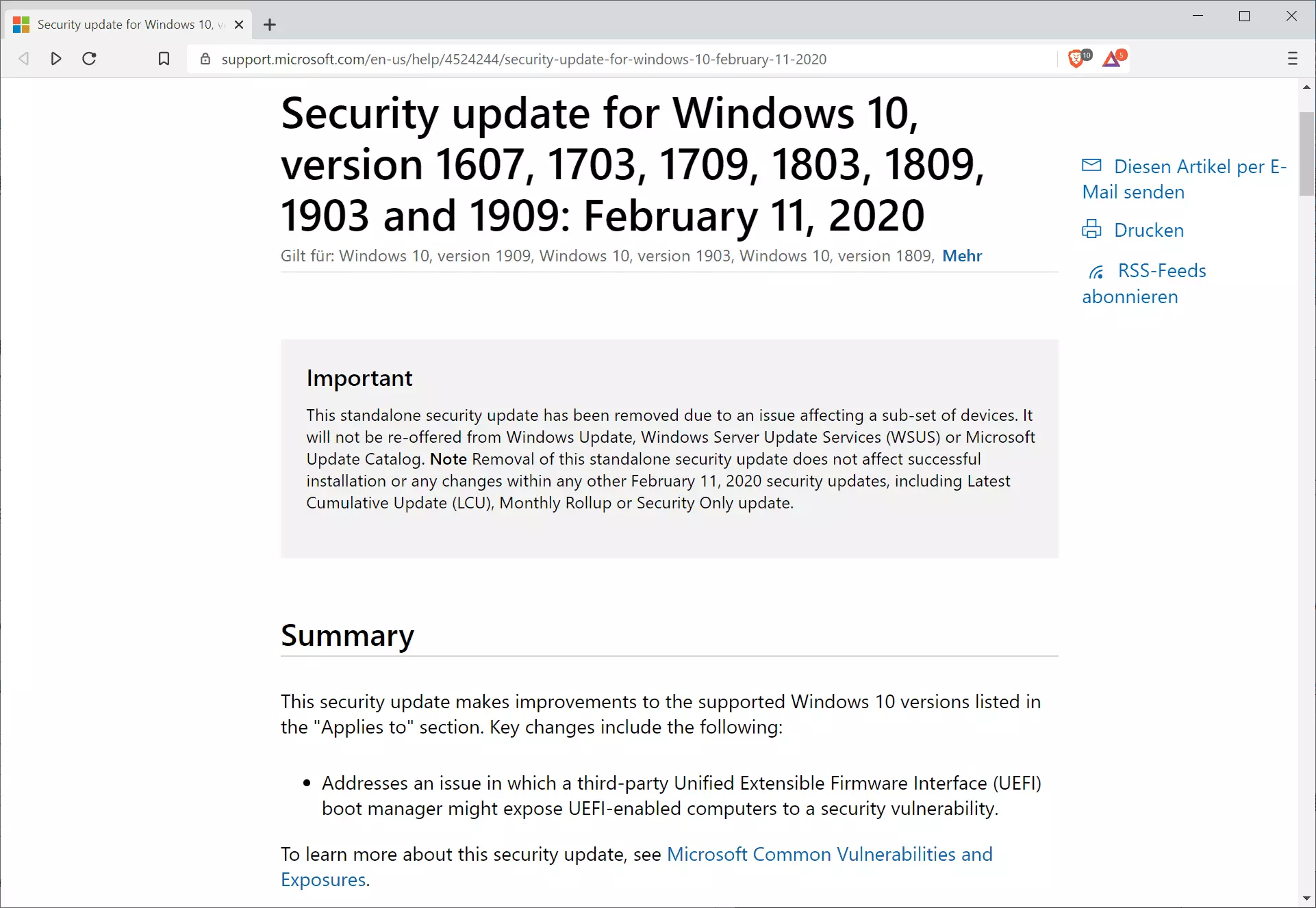 Microsoft Windows 10 కోసం KB4524244 భద్రతా నవీకరణను లాగుతుంది