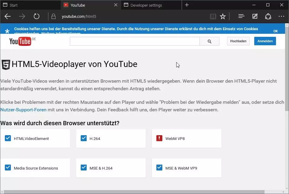 microsoft Edge HTML5 youtube