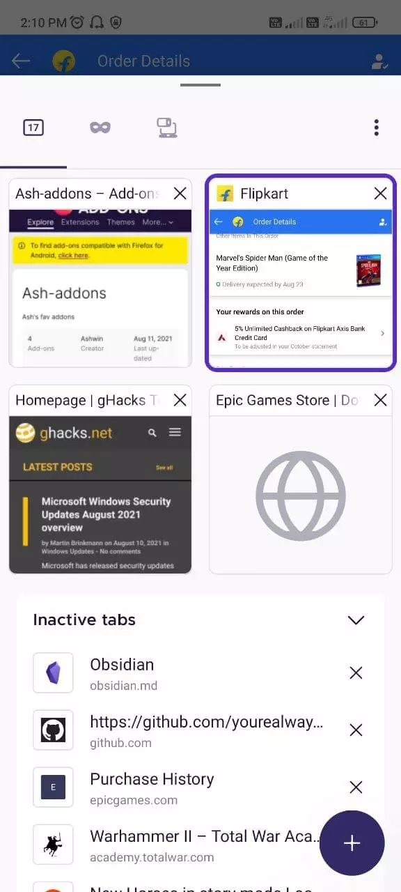 Firefox Nightly ho Android - Inactive Tabs tray