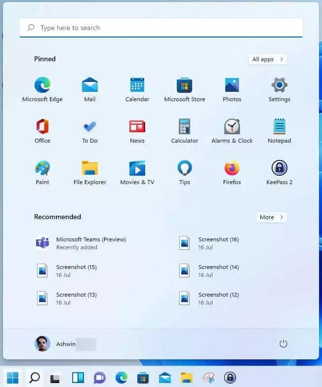 Windows 11 Insider Preview Build 22000.100 – pozícia rozhrania vyhľadávania zarovnaná doľava