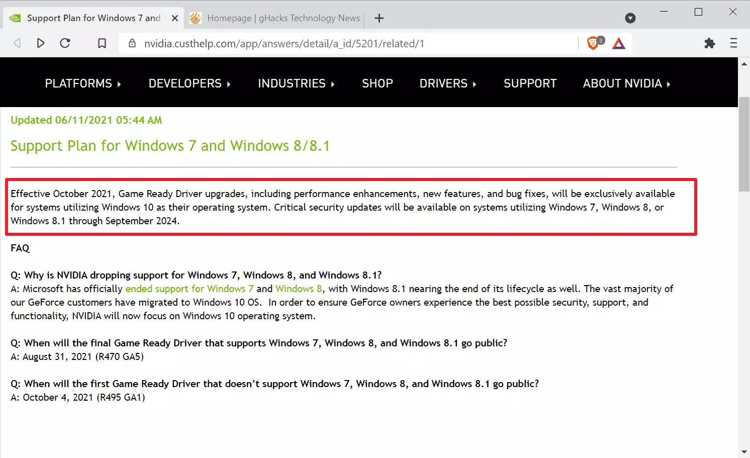 nvidia drops support windows 7 8.1