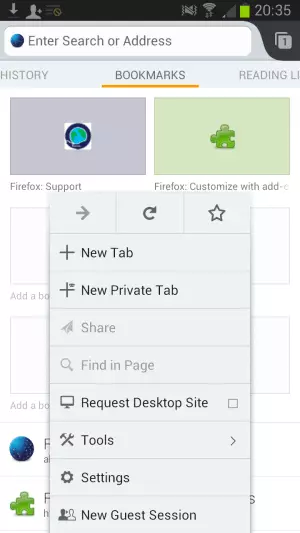 Firefox przeglądanie gości na telefonie z Androidem
