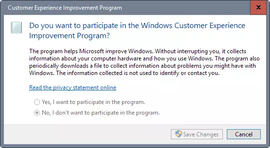 Panoul de control dezactivează programul Windows pentru experiența clienților