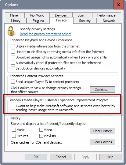 program de îmbunătățire a experienței clienților Windows Media Player