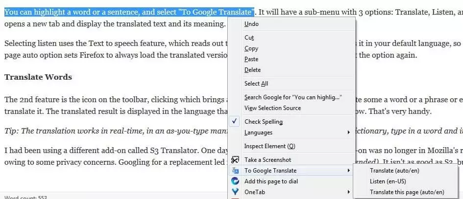 Ao amin'ny Google Translate dia asongadino ny Firefox