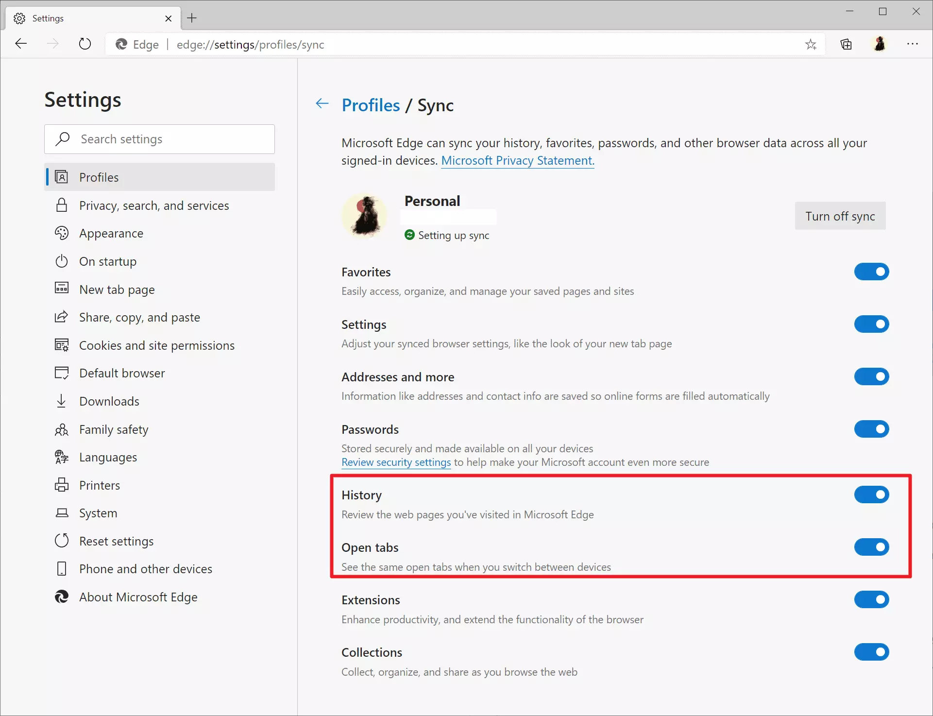 Microsoft Edge ajalugu avatud vahelehtede sünkroonimine
