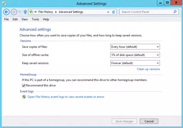 फाइल इतिहास प्रगत सेटिंग्ज