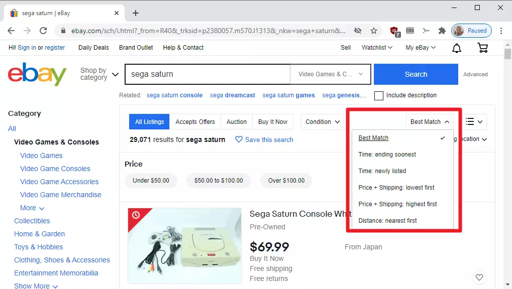 ebay sortearje resultaten