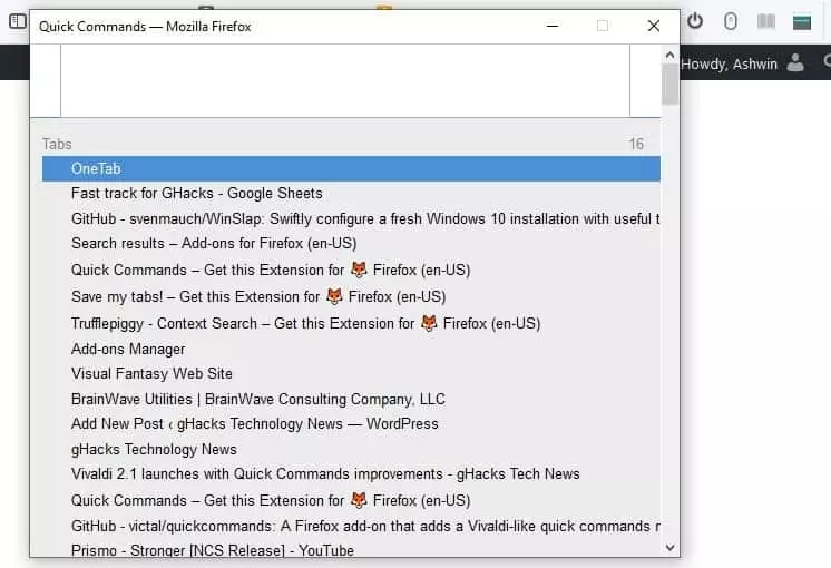 Quick Commands 是一個 Firefox 擴展，其工作方式類似於 Vivaldi 的快捷方式