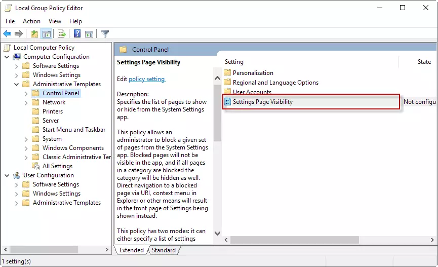 Visibilidade da páxina de configuración de Windows 10