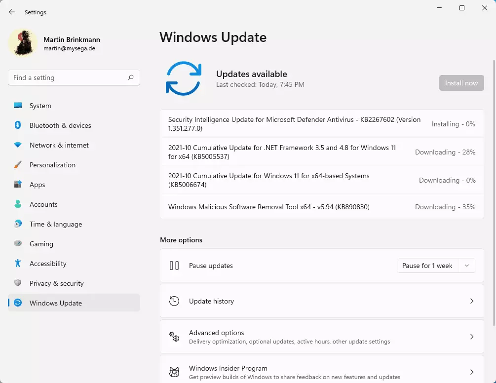 Actualizacións de seguridade de Windows outubro de 2021