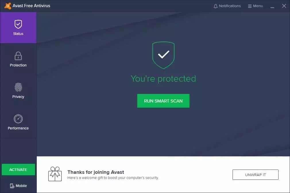 Avast Free Antivirus - interface