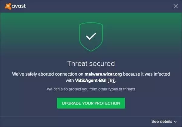 Безкоштовний антивірус Avast - wicar заблоковано