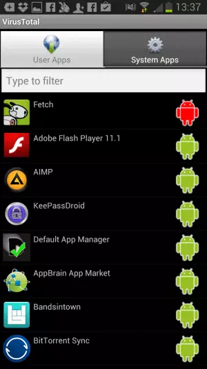 Virustotal para Android analiza todas as aplicacións en busca de contidos maliciosos