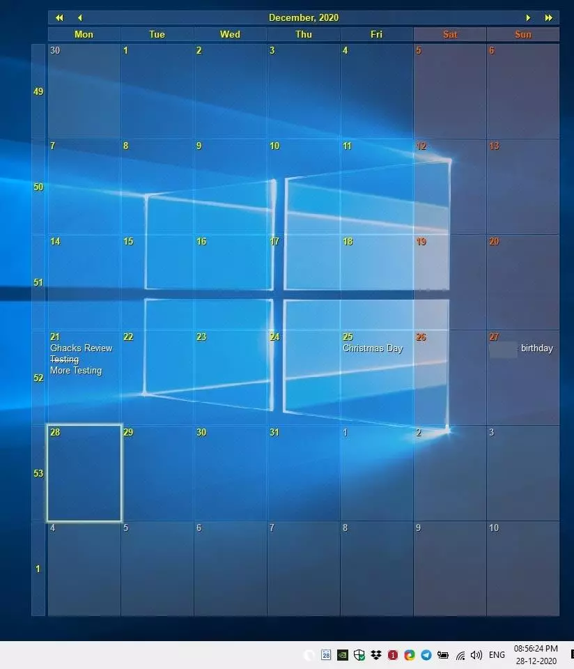 Interactive Calendar plasserer en gjennomsiktig kalender på skrivebordsbakgrunnen