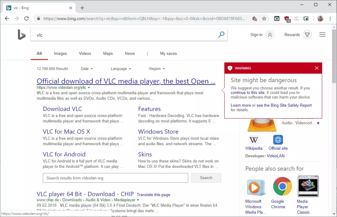 bing vlc -sivusto on vaarallinen