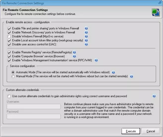 corrixir a configuración de conexión remota