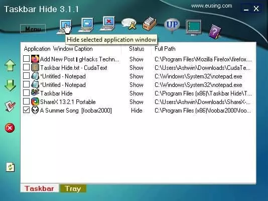 Taskbar Hide bụ ngwá ọrụ efu na-enye gị ohere izobe windo mmemme, bọtịnụ mmalite, ọrụ ọrụ na tray