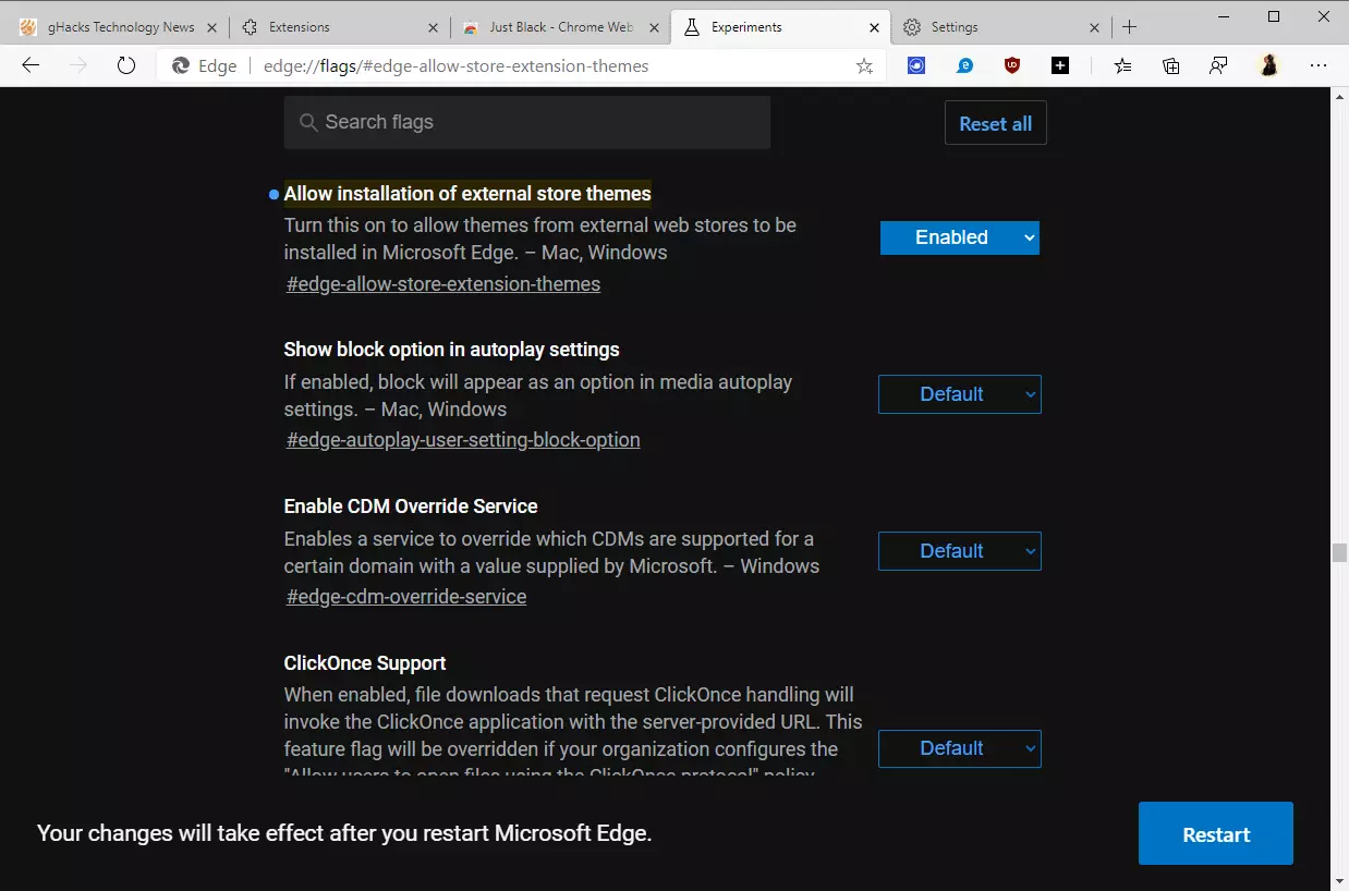 Microsoft Edge autorise les installations de thème Chrome
