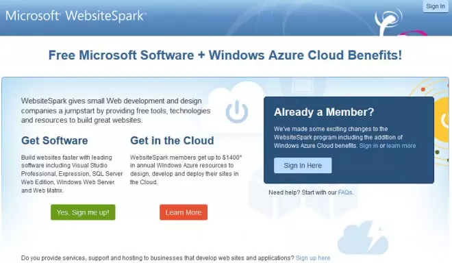 Captura de pantalla de Microsoft Websitespark