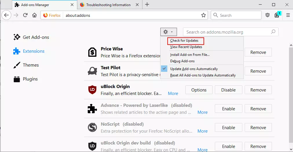 Firefox проверете дали има надградби на додатоците