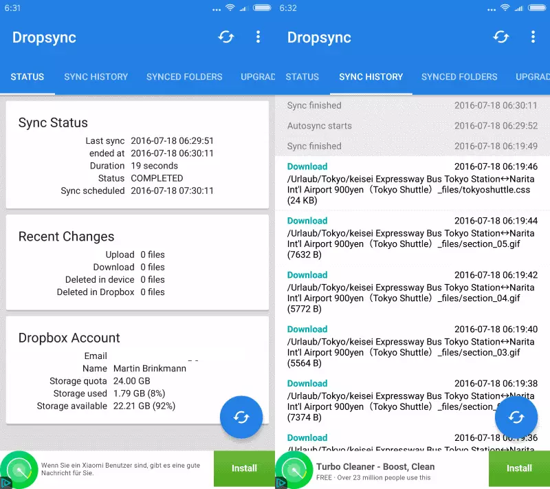 arquivos de sincronização automática do dropbox android