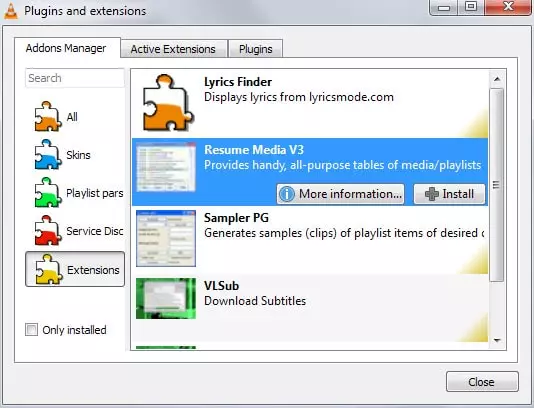 vlc tinstalla addons