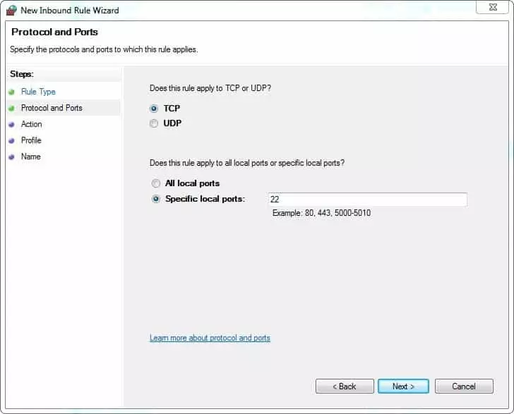 SFTP ポートの Windows ファイアウォールのセットアップ方法