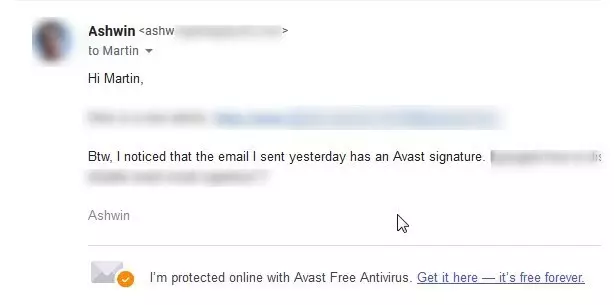 Llofnod e-bost yn Avast Free Antivirus 2