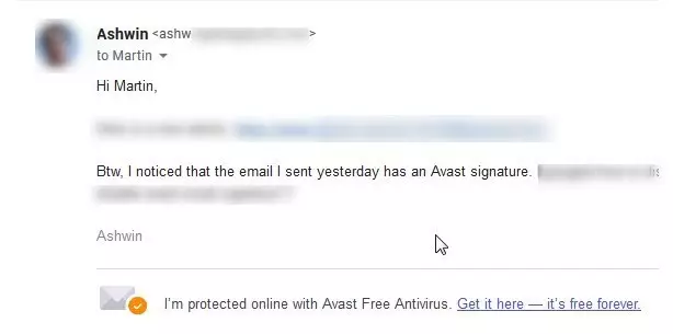 Имейл подпис в Avast Free Antivirus 2