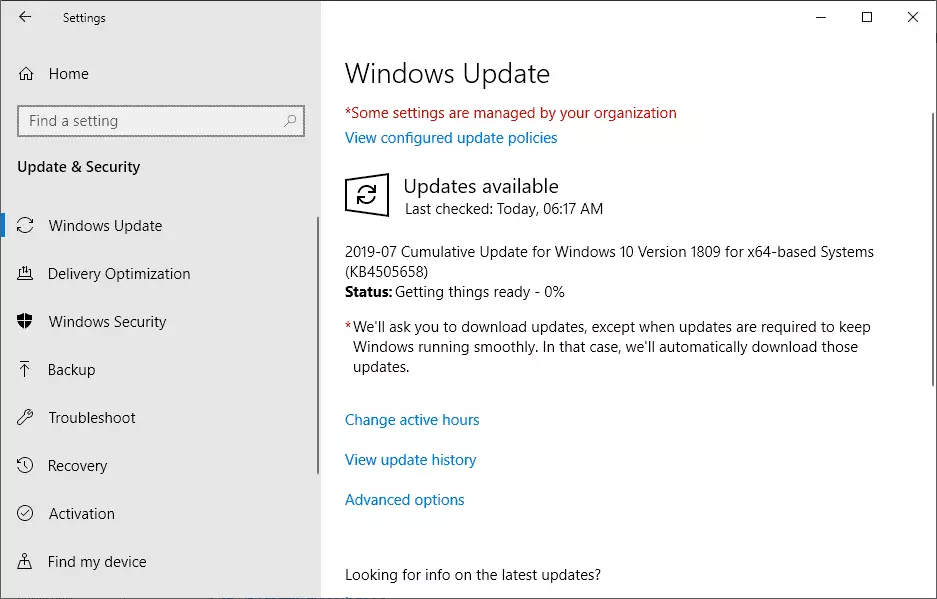 Pag-update sa KB4505658 alang sa Windows 10 nga bersyon 1809 wala na