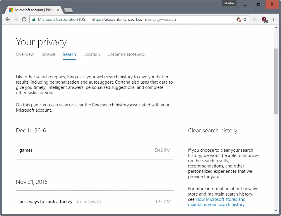 لوحة معلومات خصوصية Microsoft